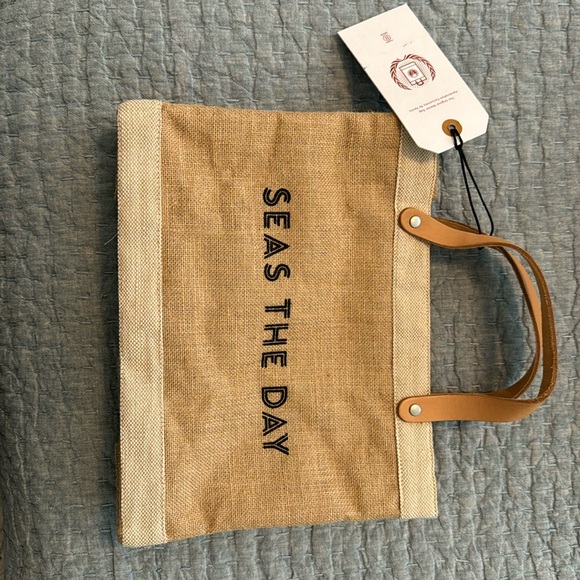 Bags | Nwt Apolis Seas The Day Burlap Tote With Leather Handle 12x9 In ...